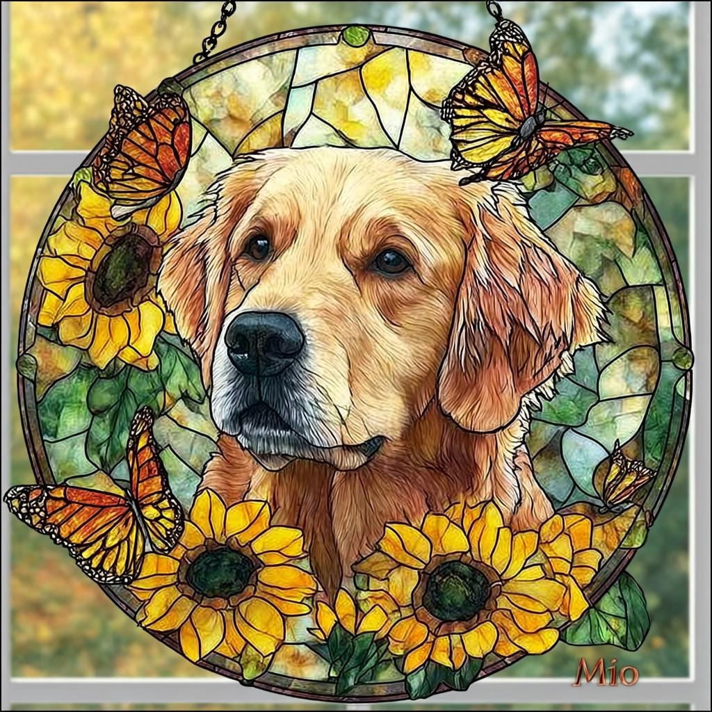 Personalized Golden Retriever Suncatcher: Sunflower Stained Glass Look ...