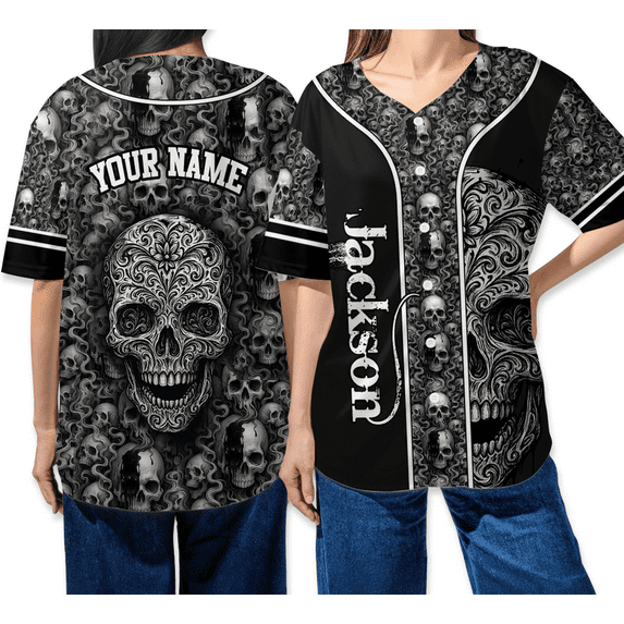 Personalized Gothic Skull Baseball Jersey - Custom Name Sugar Skull ...