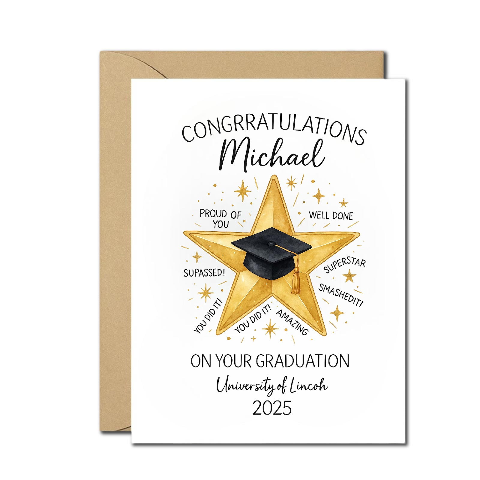 Personalized Graduation Card – Gold Star & Graduation Cap – Custom Name ...