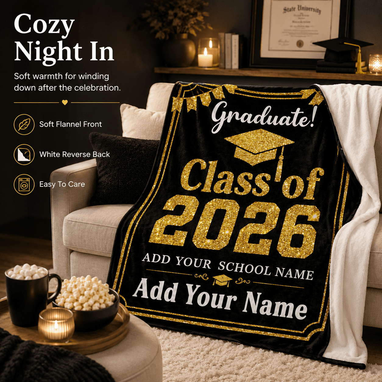 Personalized Graduation Flannel Throw Blanket, Custom Name and School ...