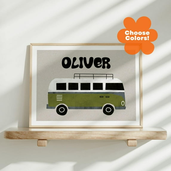 Personalized Groovy Bus Art Print, Retro 1970'S Bus, Name Sign Kids ...