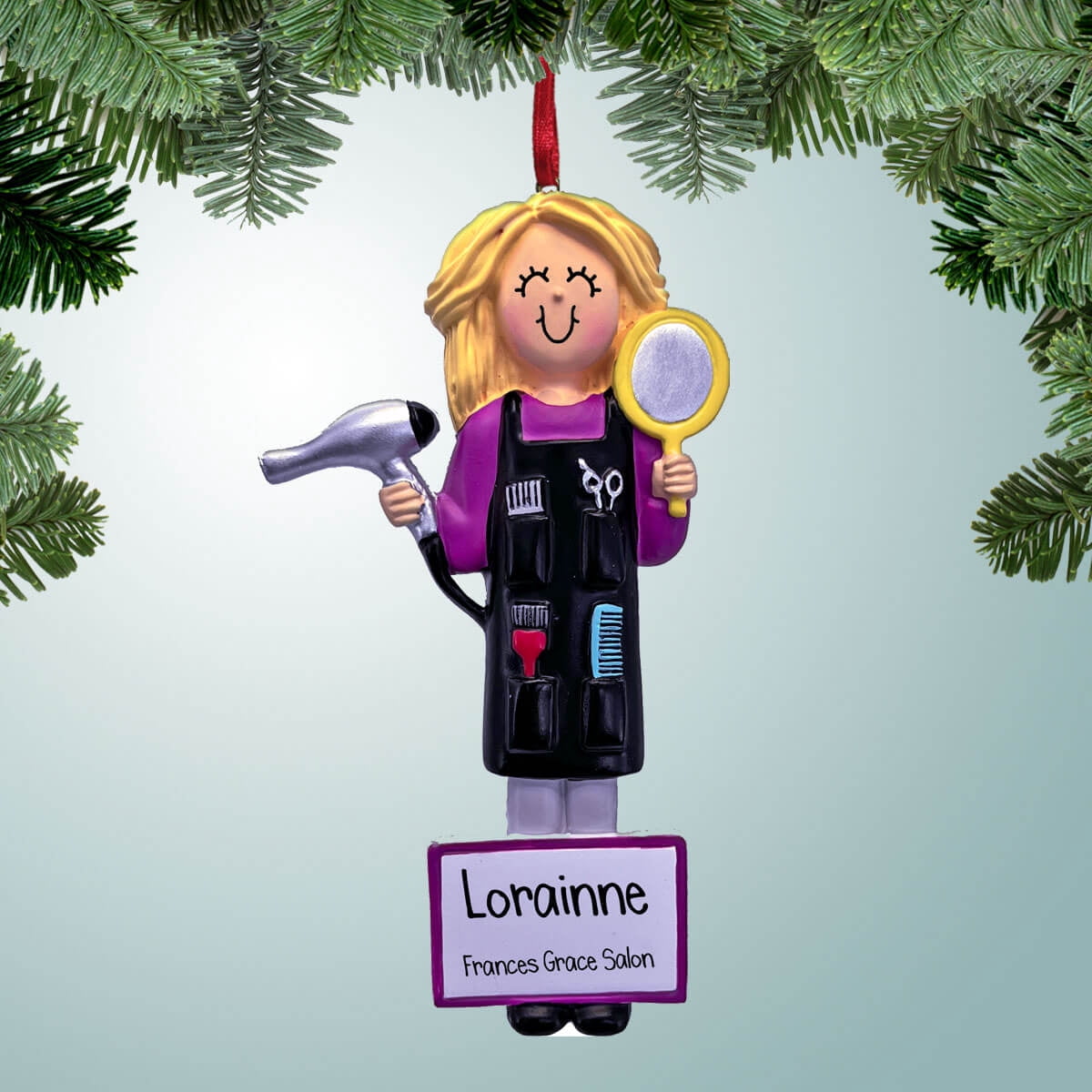 Personalized Hair Stylist with Purple Shirt - Blonde Christmas Ornament ...