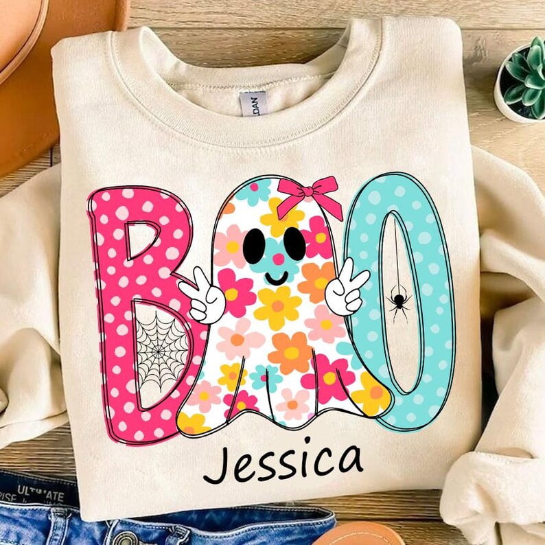 Personalized Halloween Kids Sweater, Retro Boy Girl Boo Sweatshirt ...