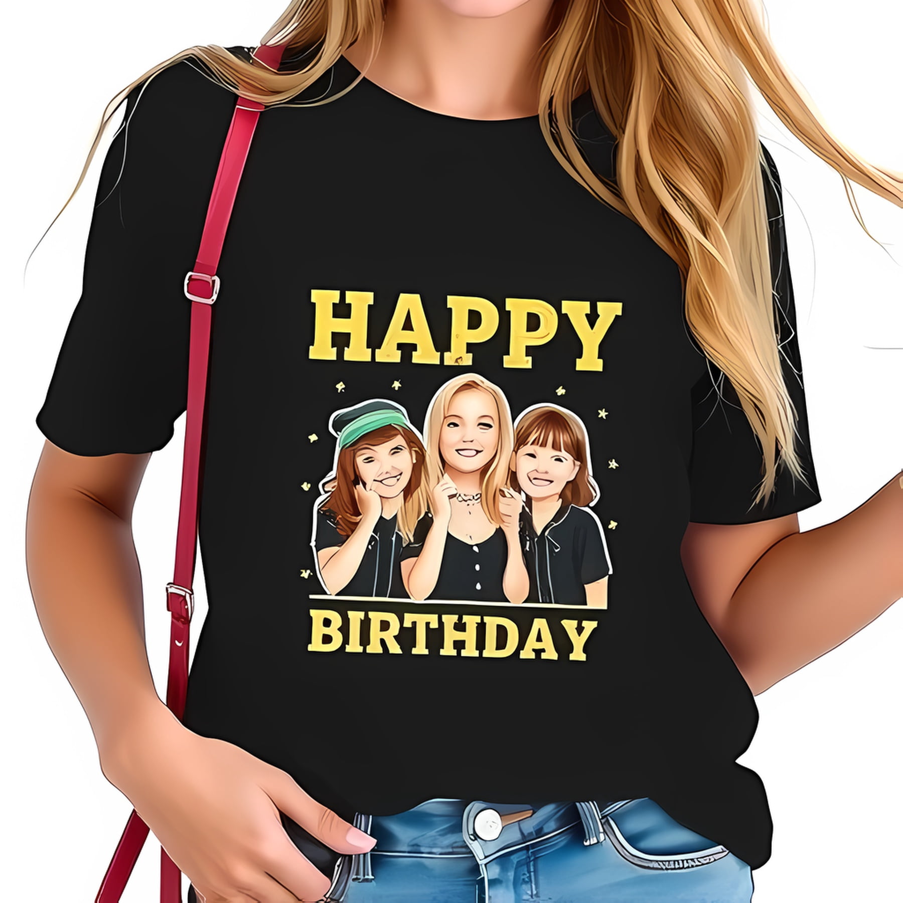 Personalized Happy Birthday T-Shirt with Gold Font & Stylized Portraits ...