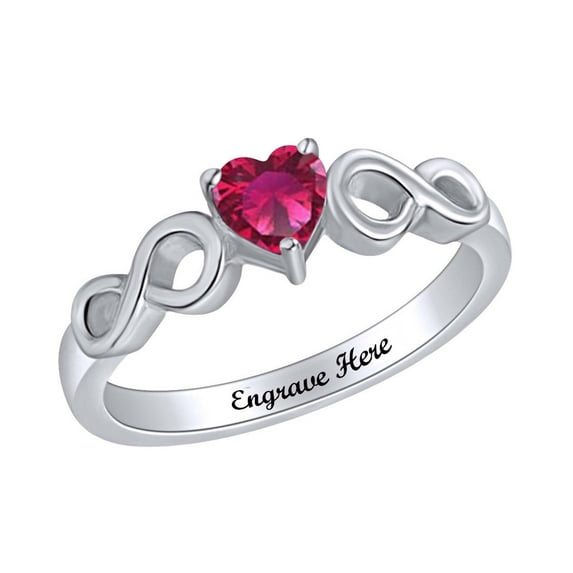 AFFY Personalized Heart Shape Simulated Ruby Infinity Heart Promise Ring in 14k White Gold over ...