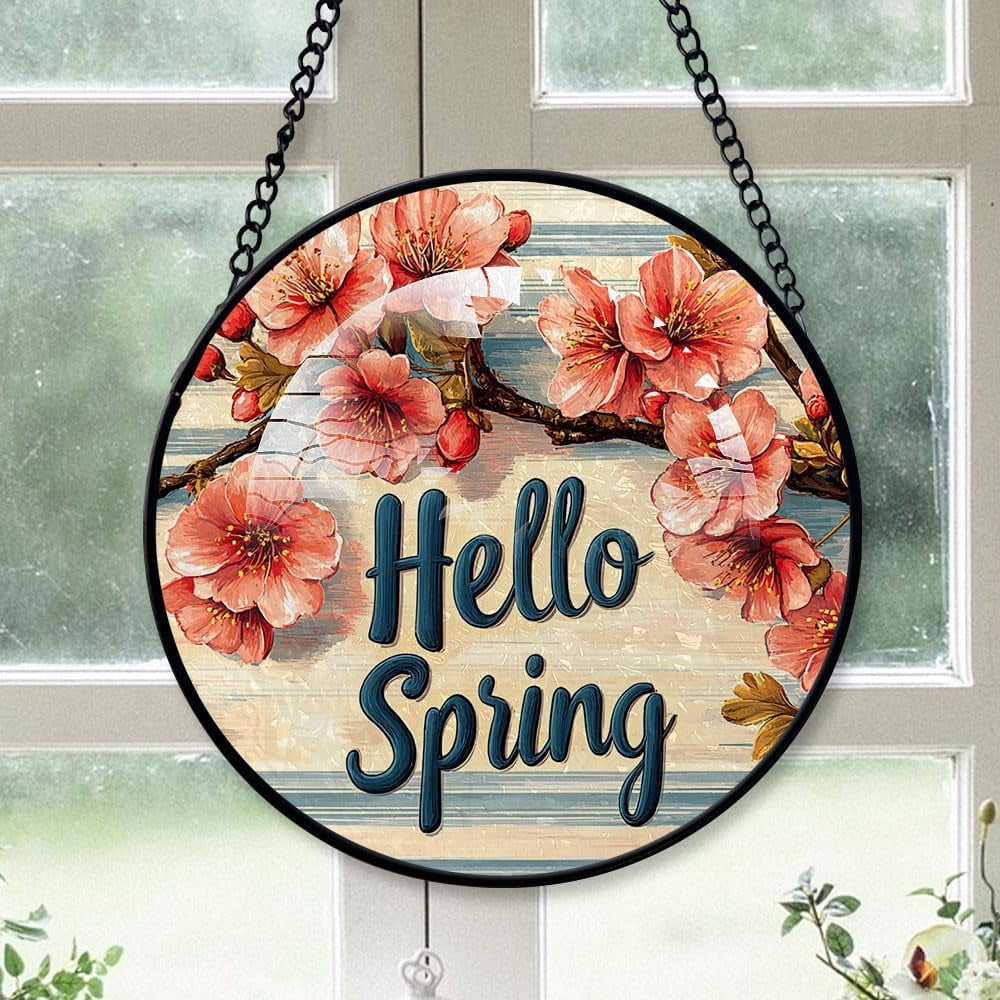 Personalized Hello Spring Suncatcher Stained Glass, Hello Spring ...