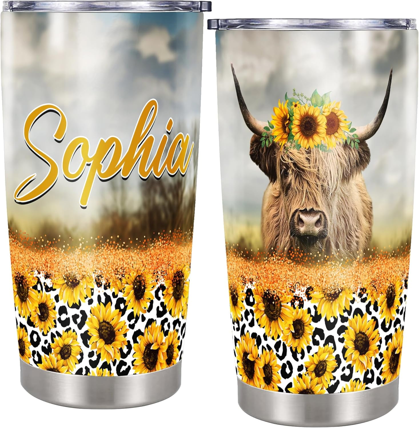 Personalized Highland Cow Print Tumbler 20oz Stainless Steel Insulated ...