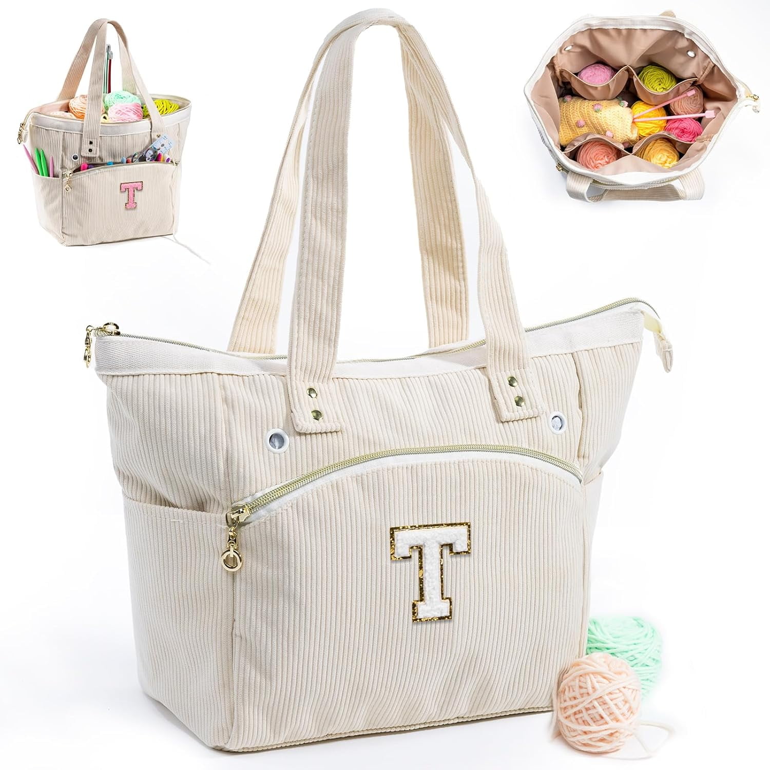 Personalized Initial Crochet Tote Bag - Corduroy Yarn Storage Bag ...
