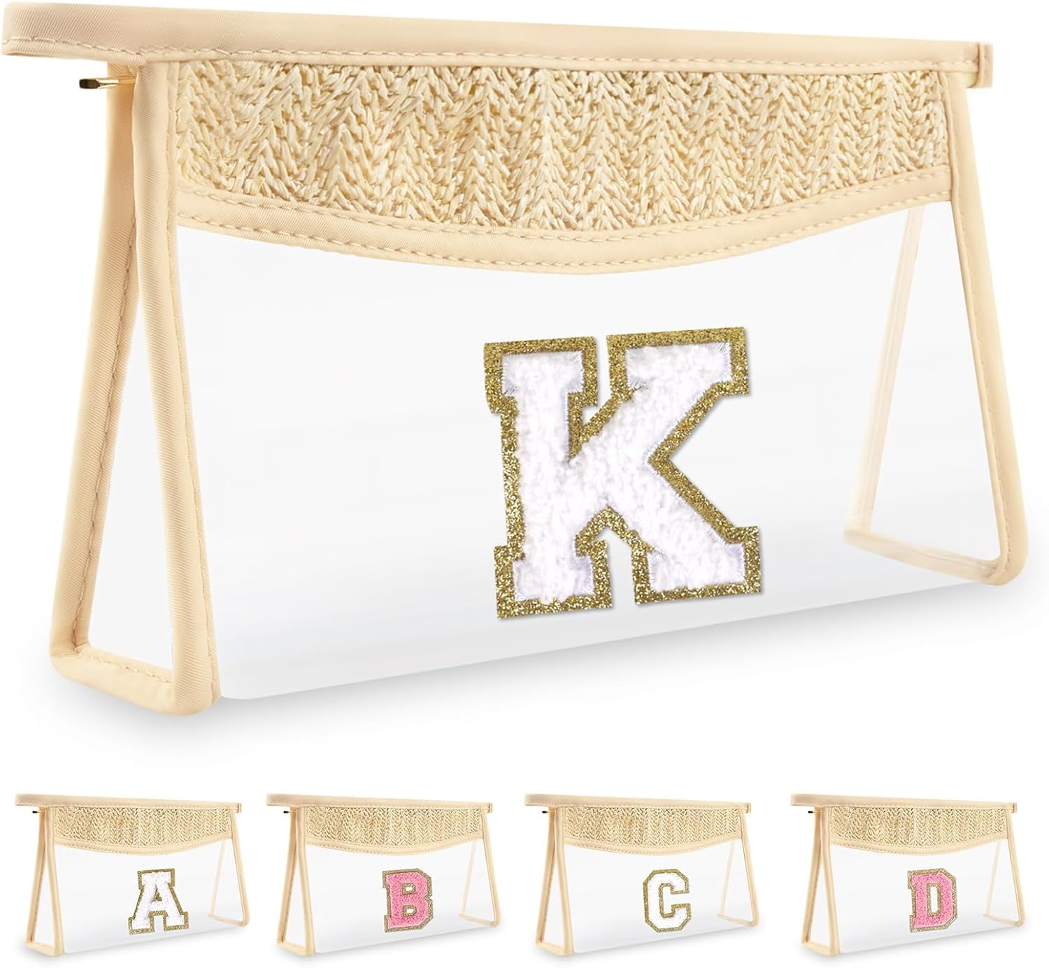 Personalized Initial Letter Bag Boho Straw Clear Makeup Bag,Small Cute ...