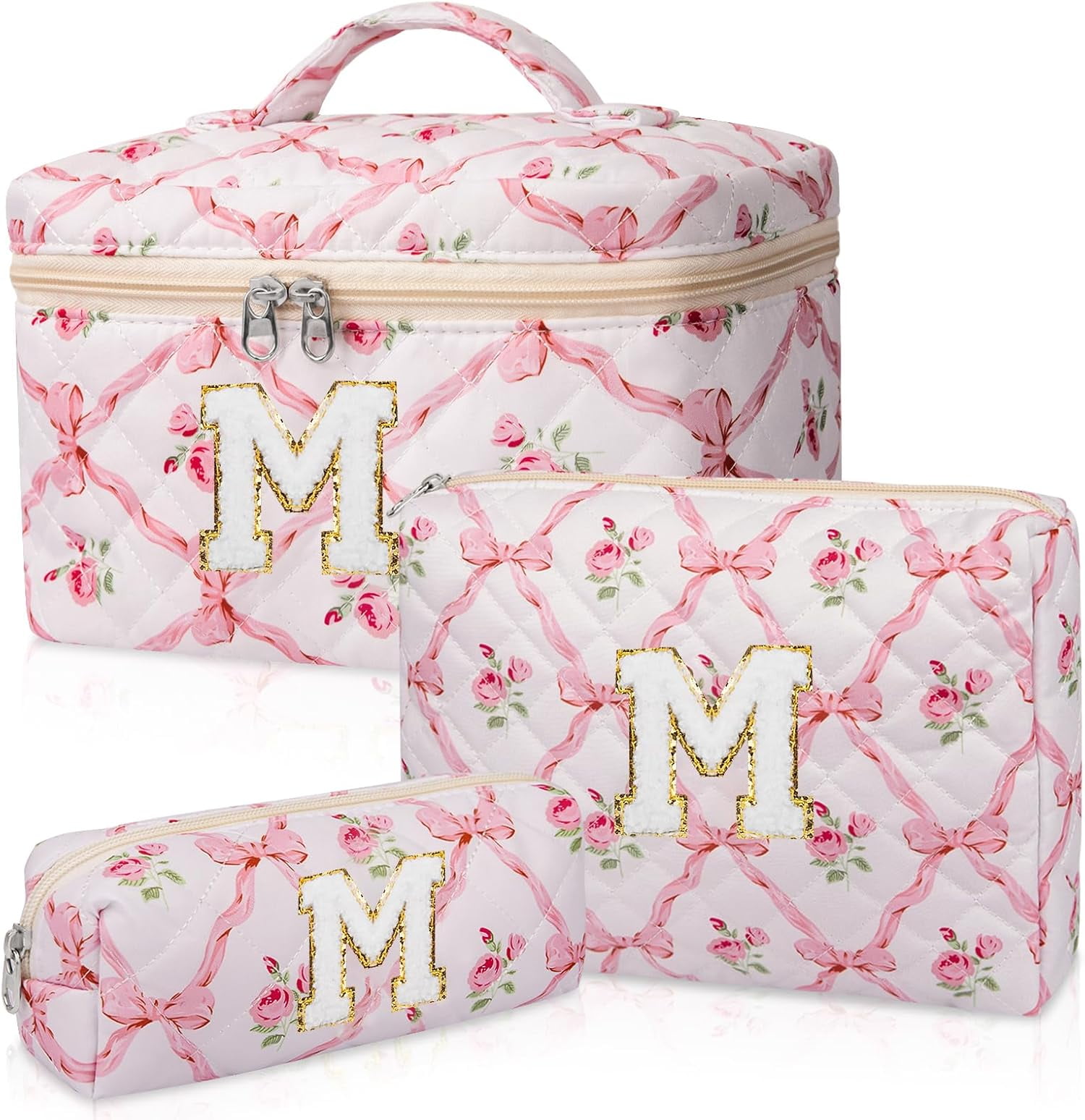 Personalized Initial Makeup Bag Set, Quilted Makeup Bag, Large Floral ...
