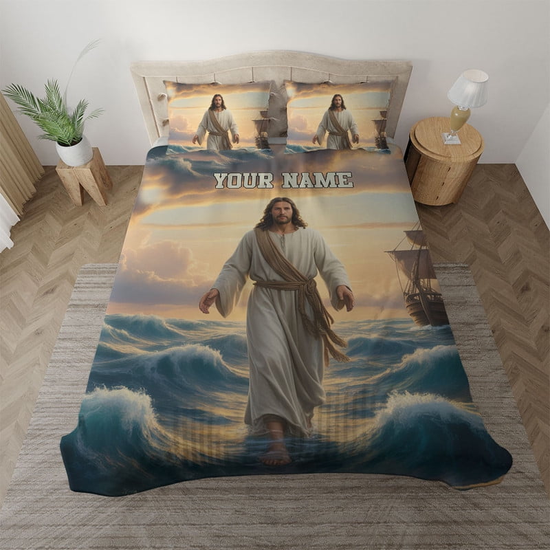 Personalized Jesus Walking On Water Bedding Set – Custom Name Christian ...