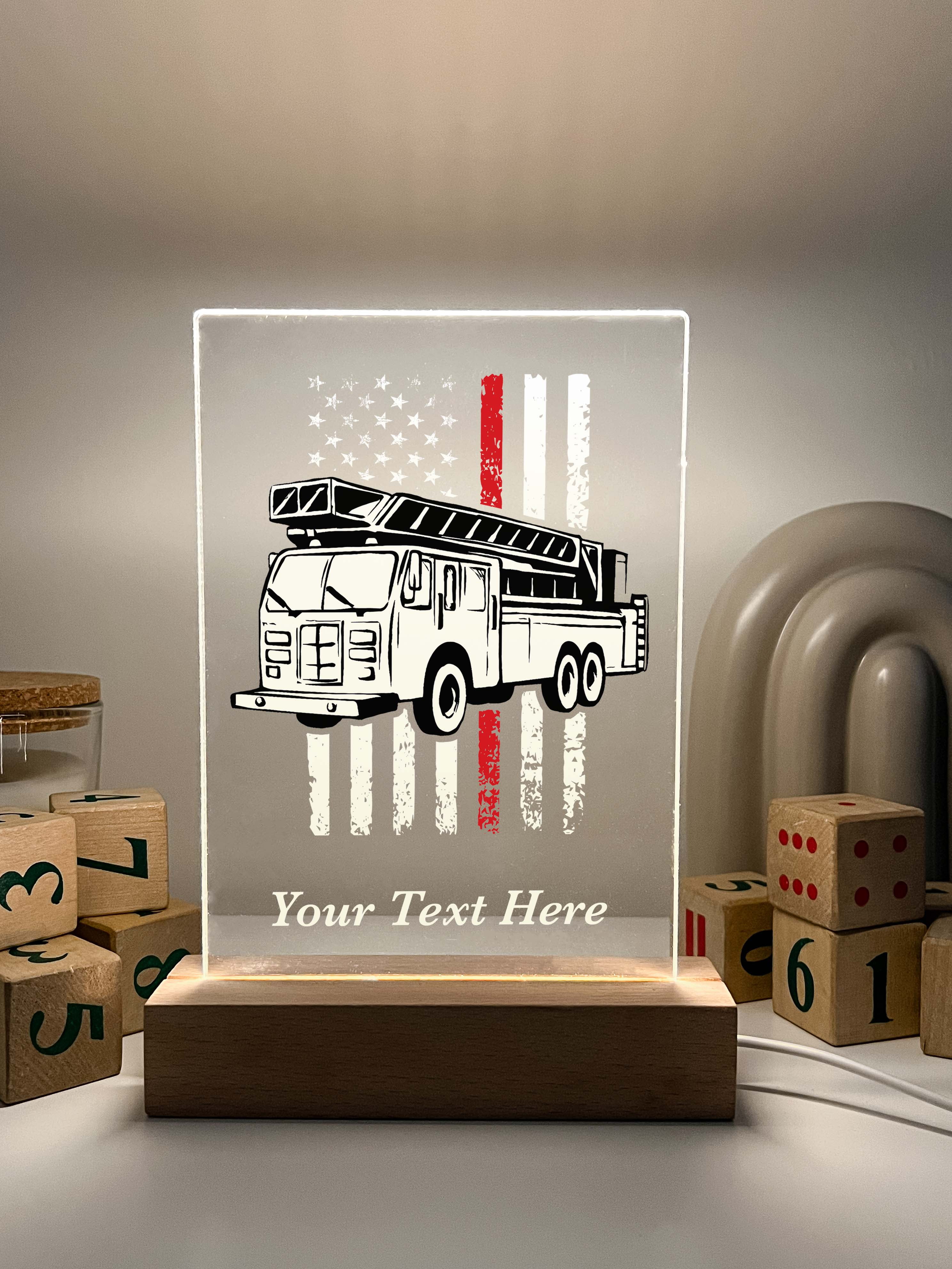 Personalized LED Fire Engine Truck Wood Stand Night Light Up Table Lamp ...