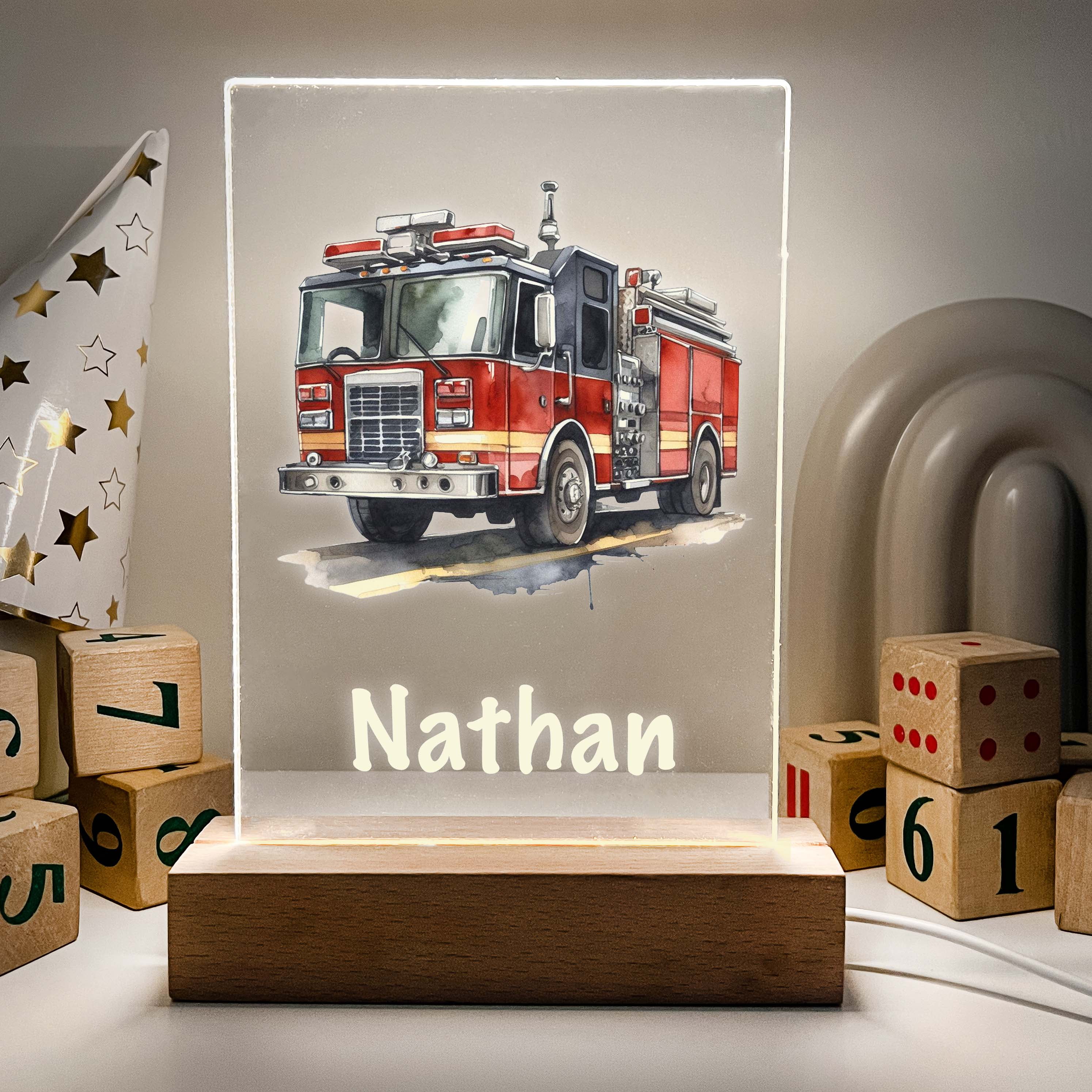 Personalized LED Fire Engine Truck Wood Stand Night Light Up Table Lamp ...