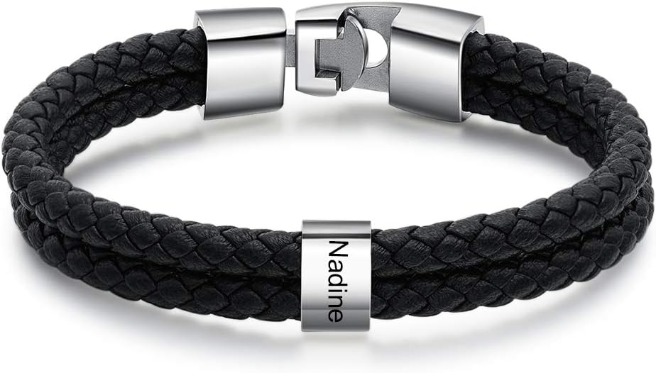 Personalized Leather Bracelet For Men Silver Black 1-8 Name Beads ...