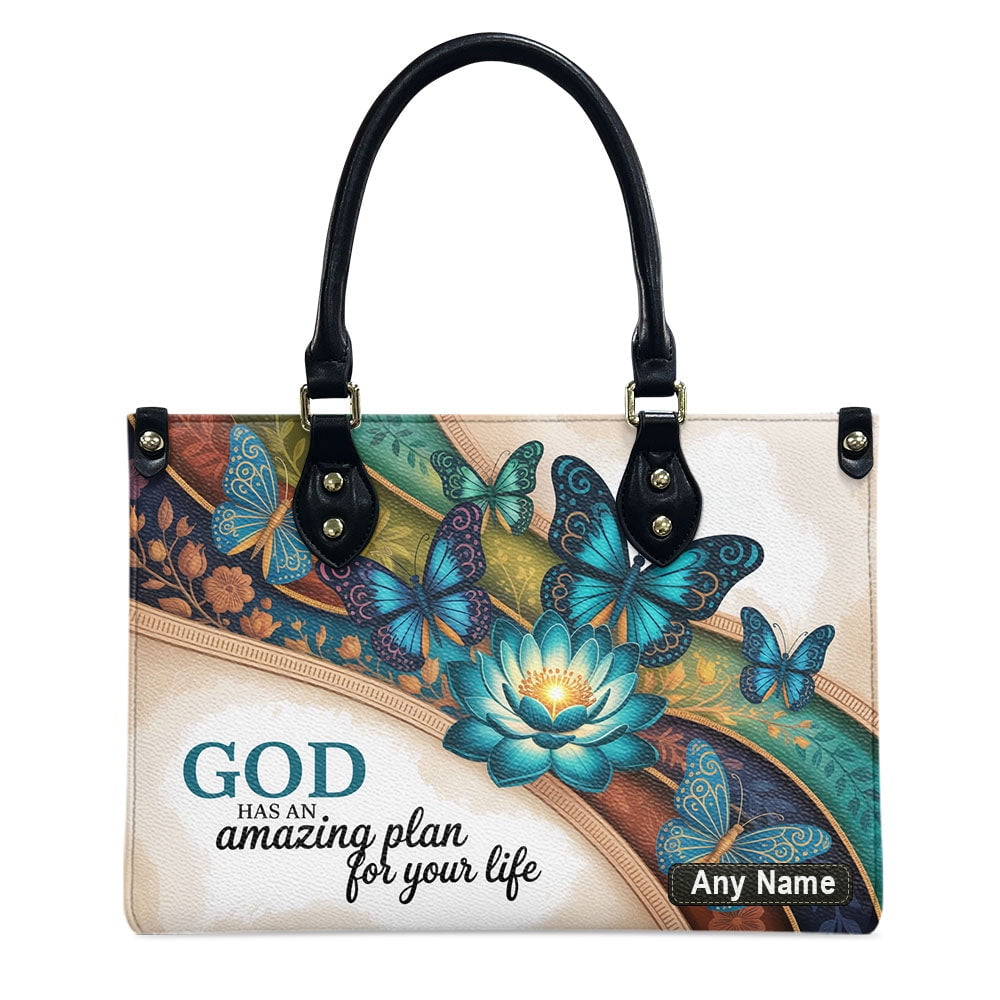 Personalized Leather Handbag with Your Name, Lotus and Butterfly Bag ...