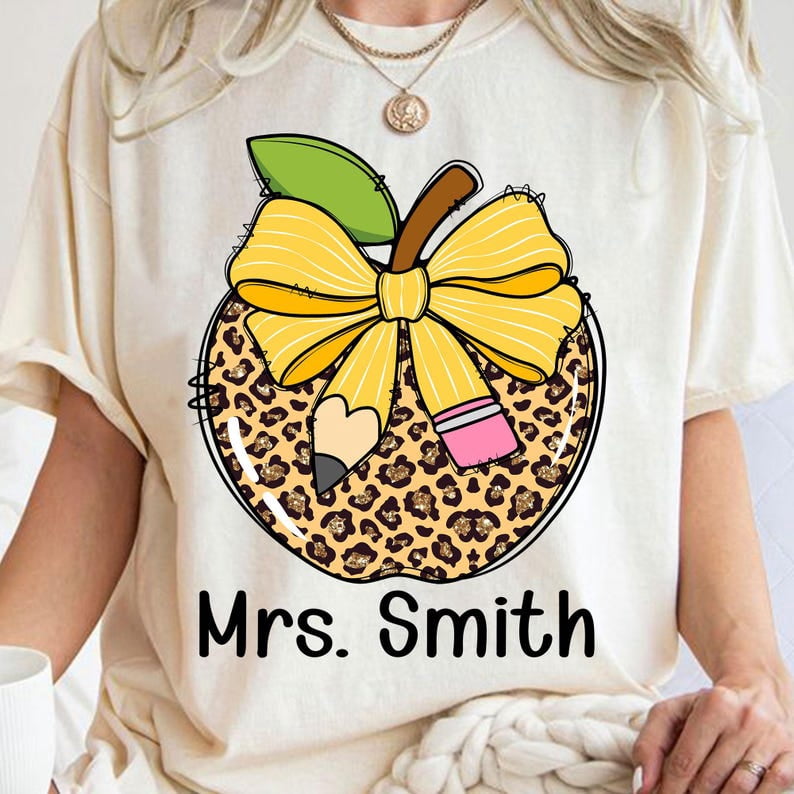 Personalized Leopard Apple Teacher T-shirt, Back To School Teacher T ...