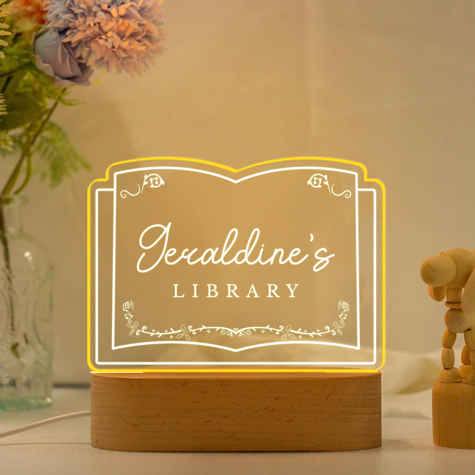 Personalized Library Sign Custom Night Light Acrylic Plaque Wooden Base ...