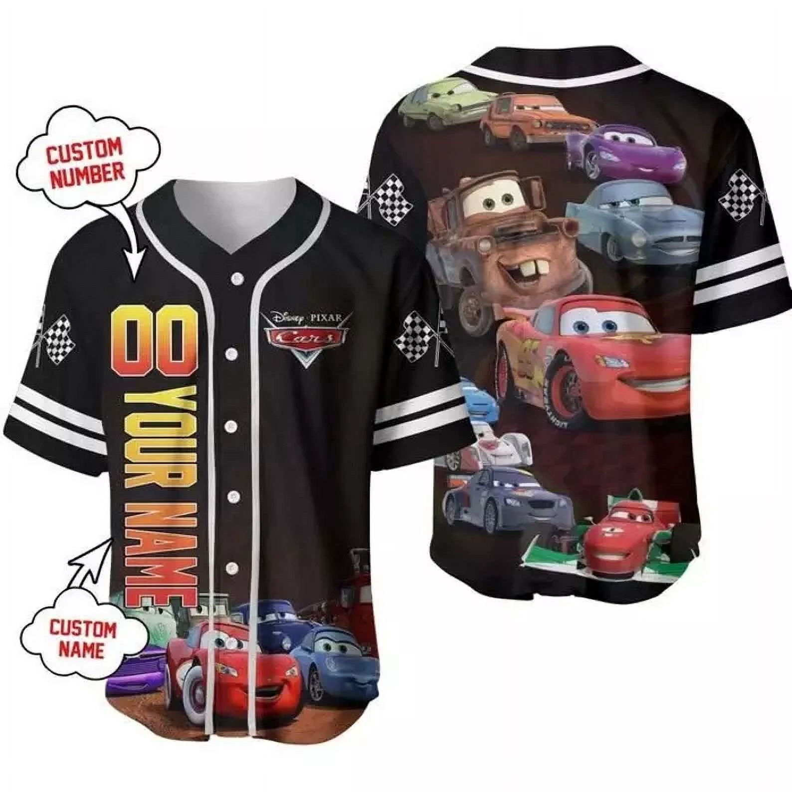 Personalized Lightning McQueen Racing Flag Cars Baseball Jersey Shirt ...