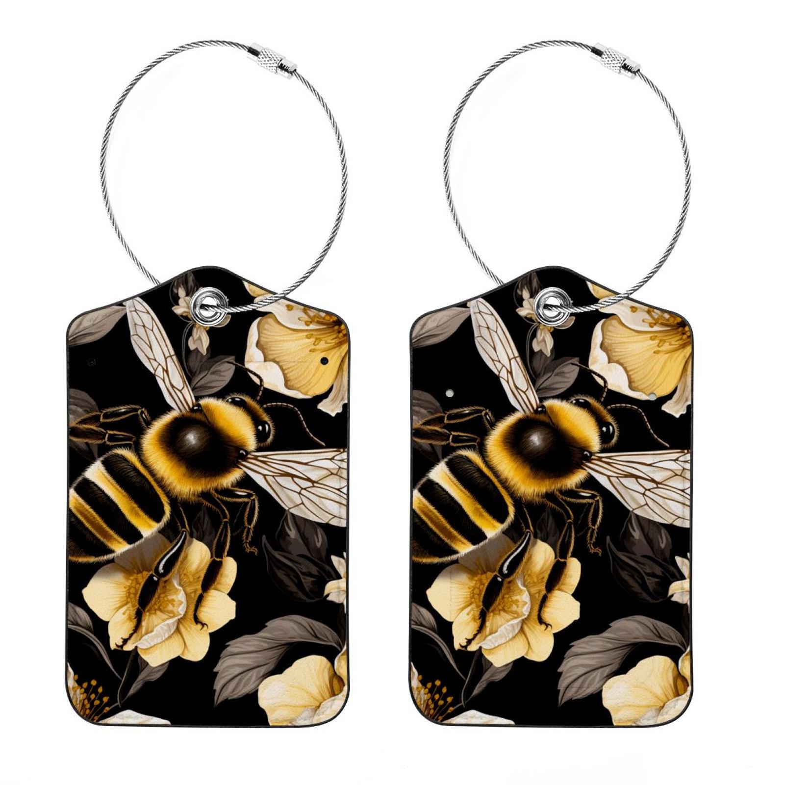 Personalized Luggage Tags, Metal Loop Lock Baggage Tags with Privacy Flap Cover, Bee and Flowers ...
