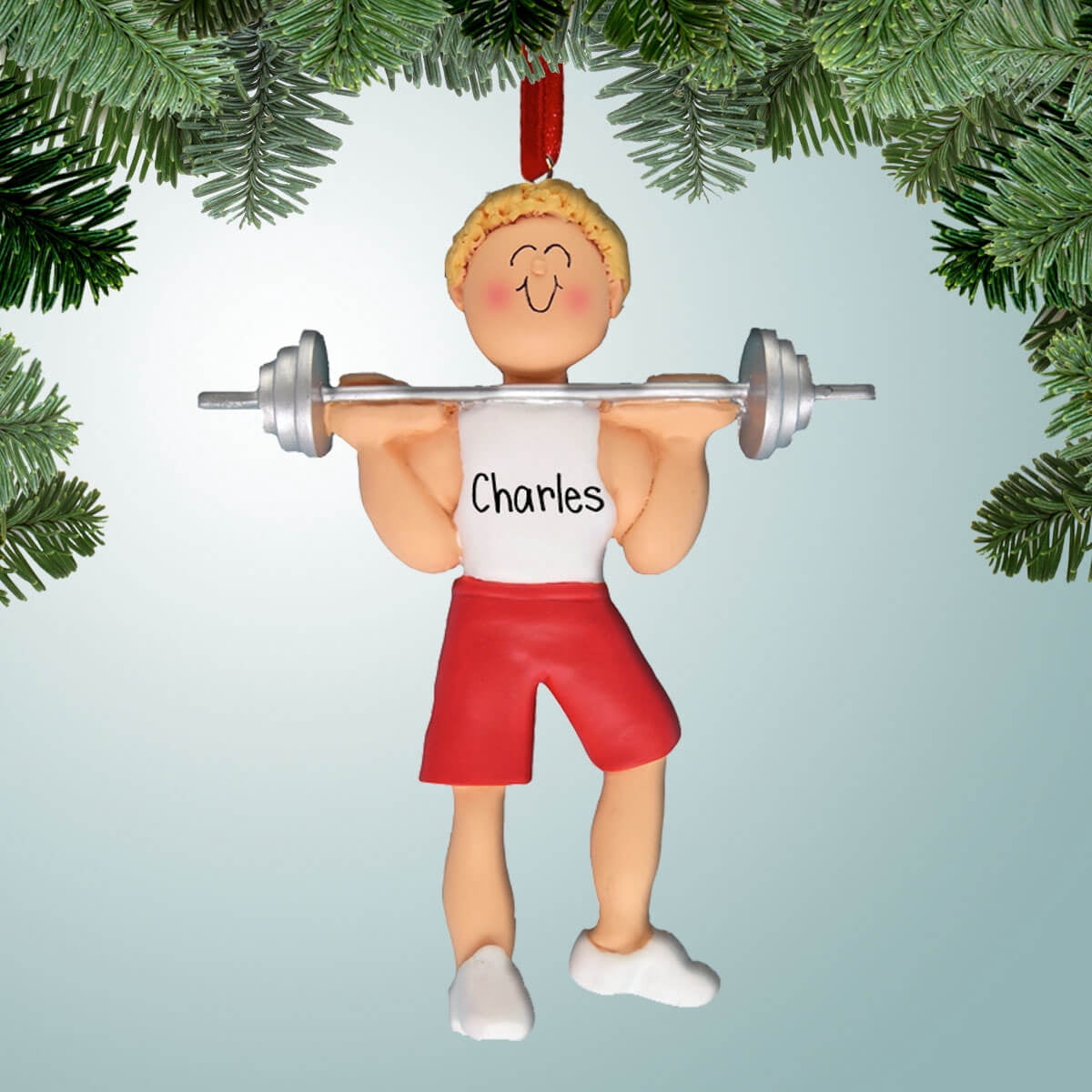 Personalized Male Weightlifter with Red Shorts - Blonde Hair Christmas ...