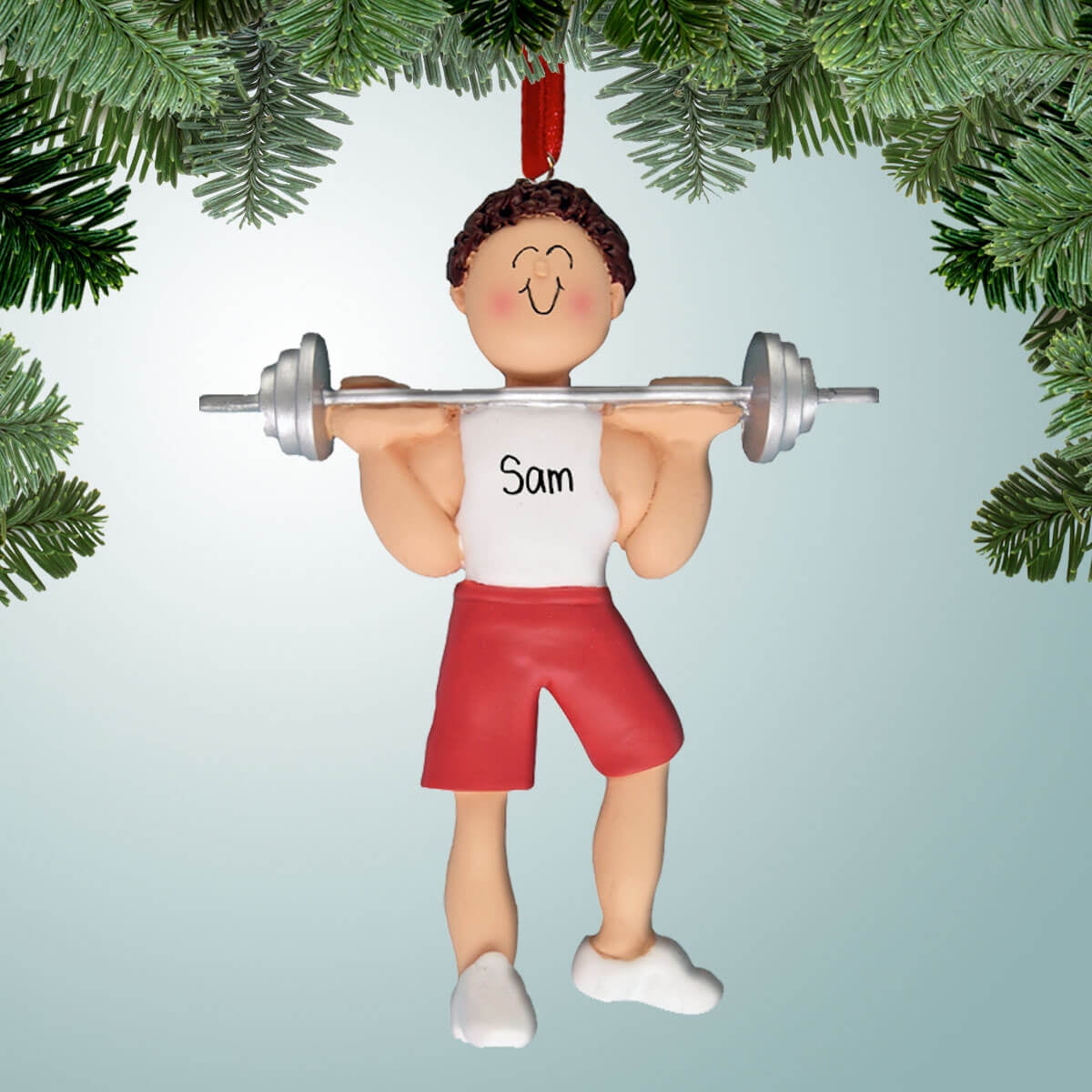 Personalized Male Weightlifter with Red Shorts - Brown Hair Christmas ...