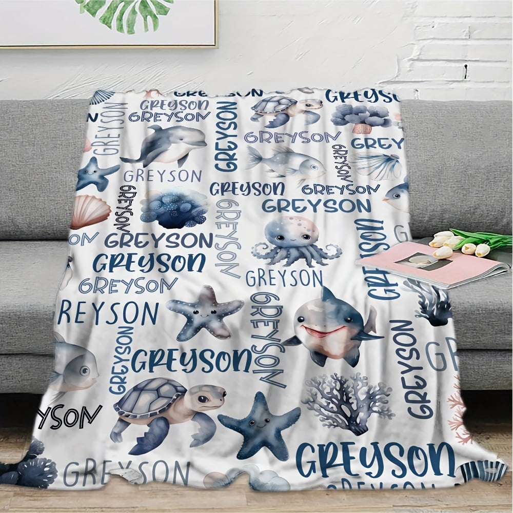 Personalized Marine Animal Flannel Blanket - Turtle Dolphin Octopus ...