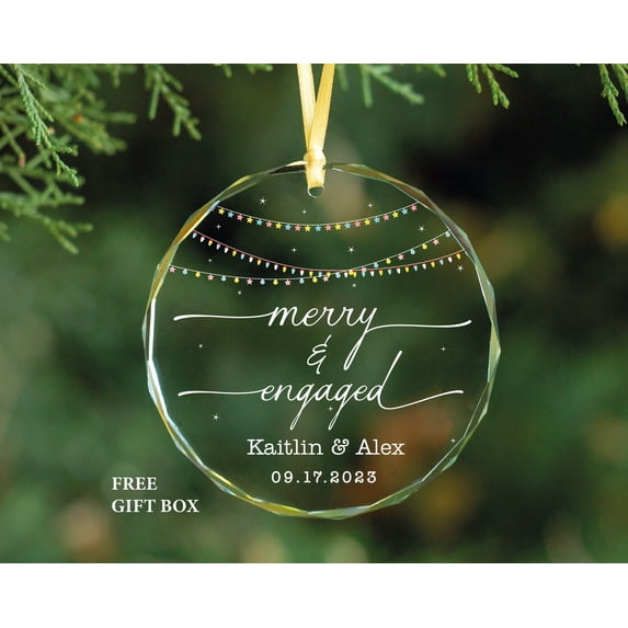 Personalized Merry and Engaged GLASS Ornament - Christmas Engagement ...