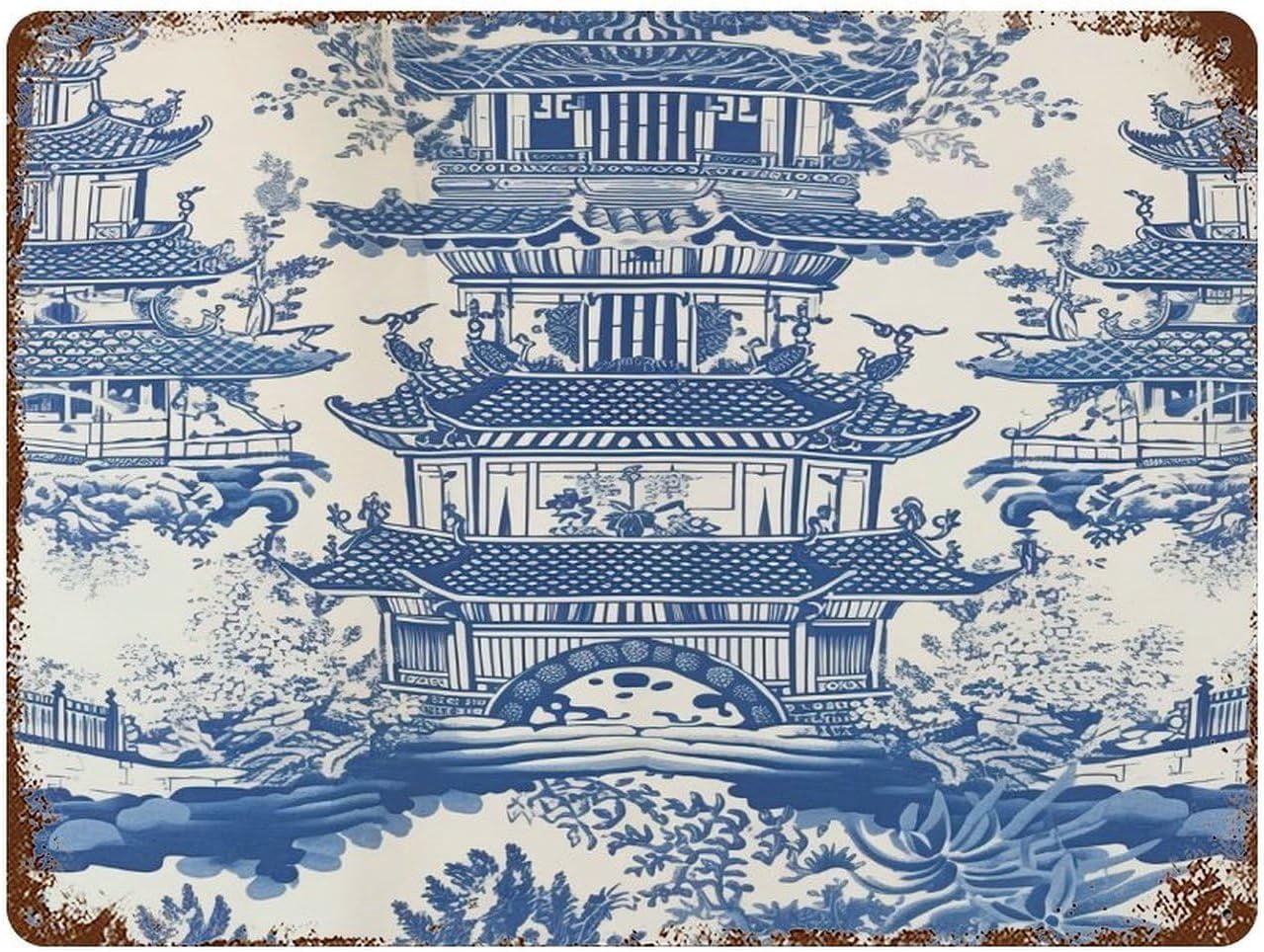 Personalized Metal Tin Sign Chinoiserie Asian Pagoda White Blue Tin ...