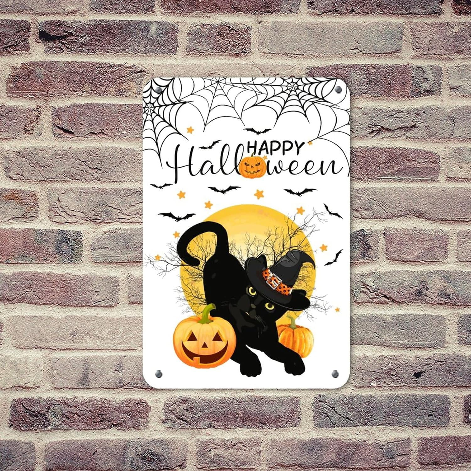 Personalized Metal Tin Sign Happy Halloween Black Cat Witch Hat Wall ...