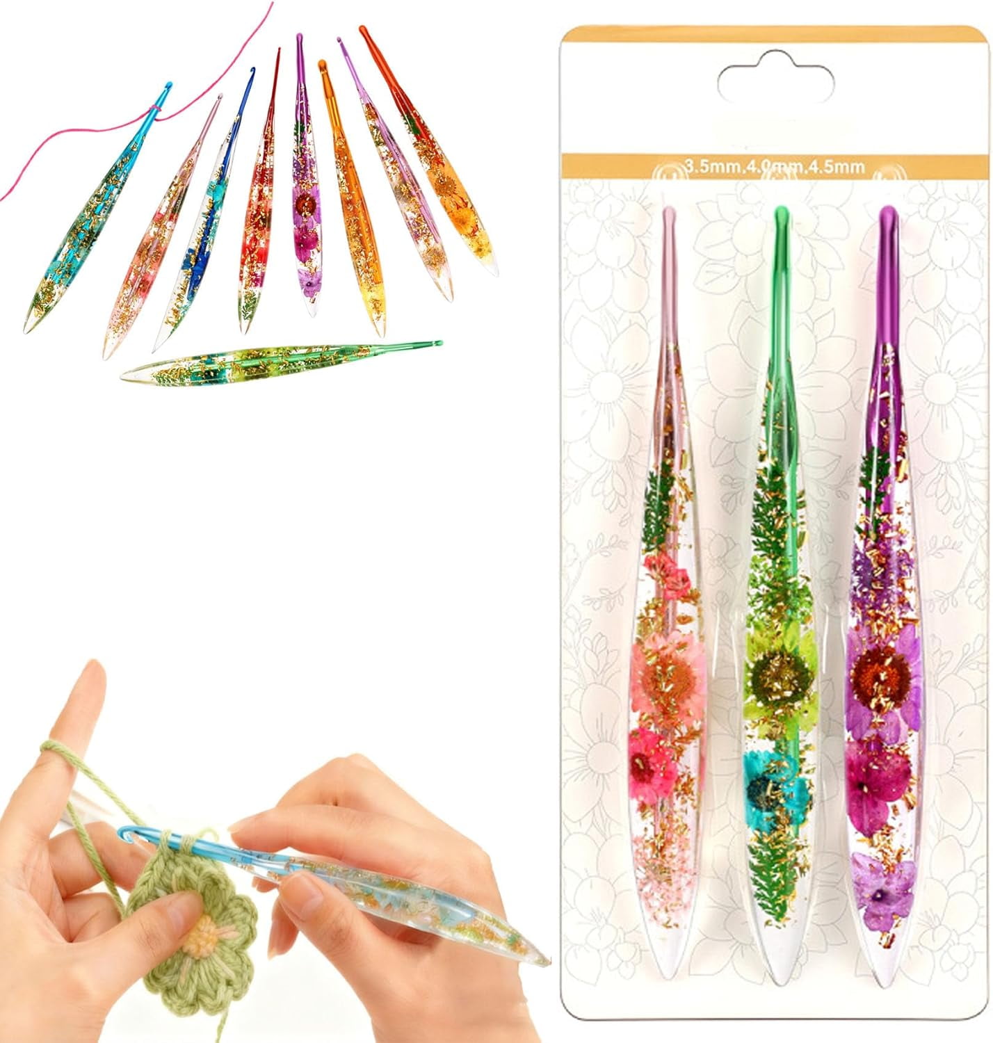Personalized Multicolor Dried Flower Crochet Hook, See-Through Resin ...