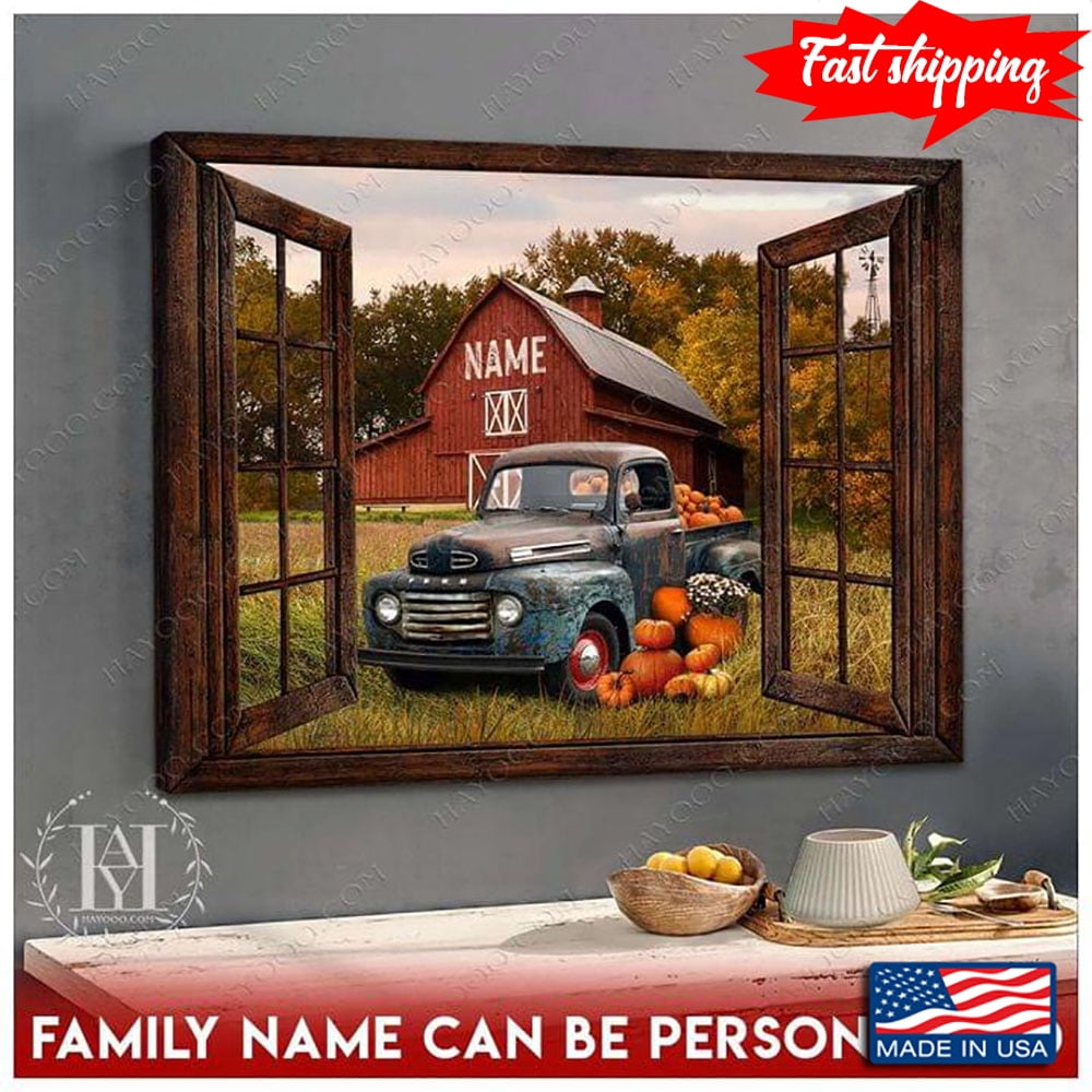 Personalized Name Barn Window Frame With Blue Truck And Pumpkins On ...