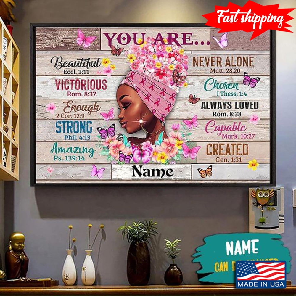 Personalized Name Breast Cancer Awareness Black Girl With Pink Flowers ...