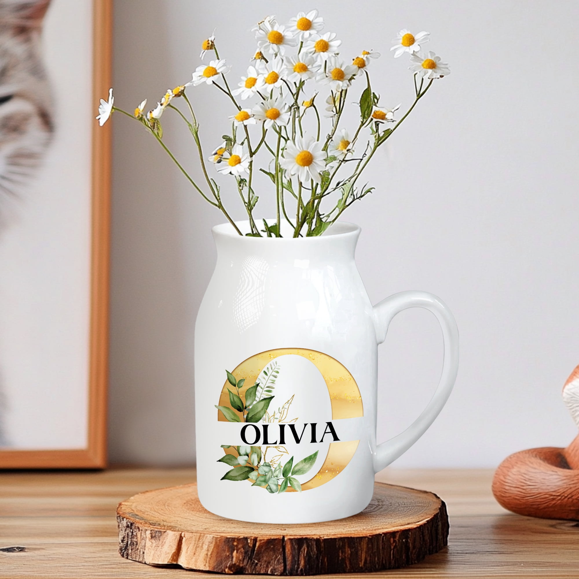 Personalized Name Ceramic Vase – Custom Floral Monogram Pitcher ...