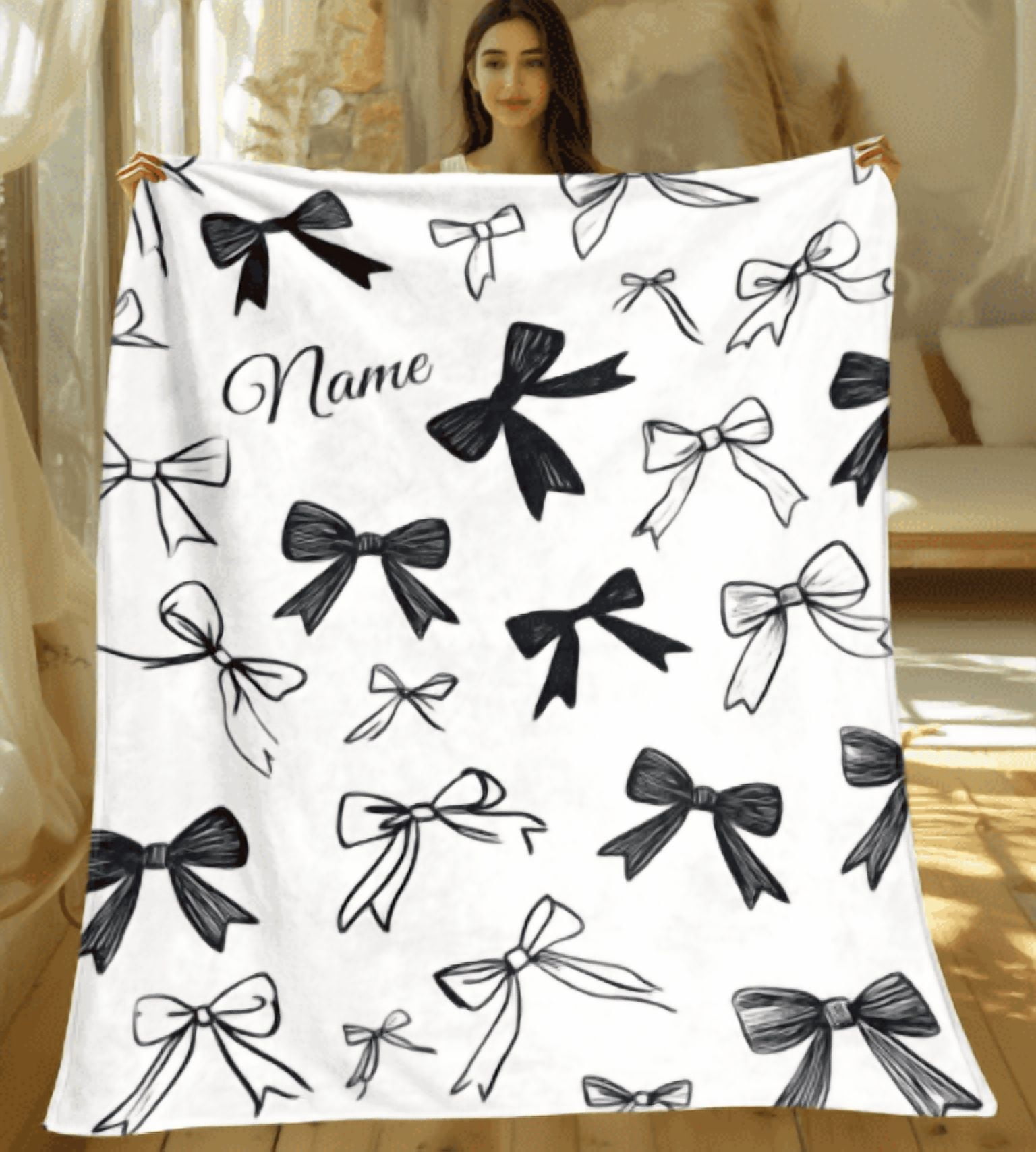 Personalized Name Minimalist Black White Bow Throw Blanket, Lightweight ...