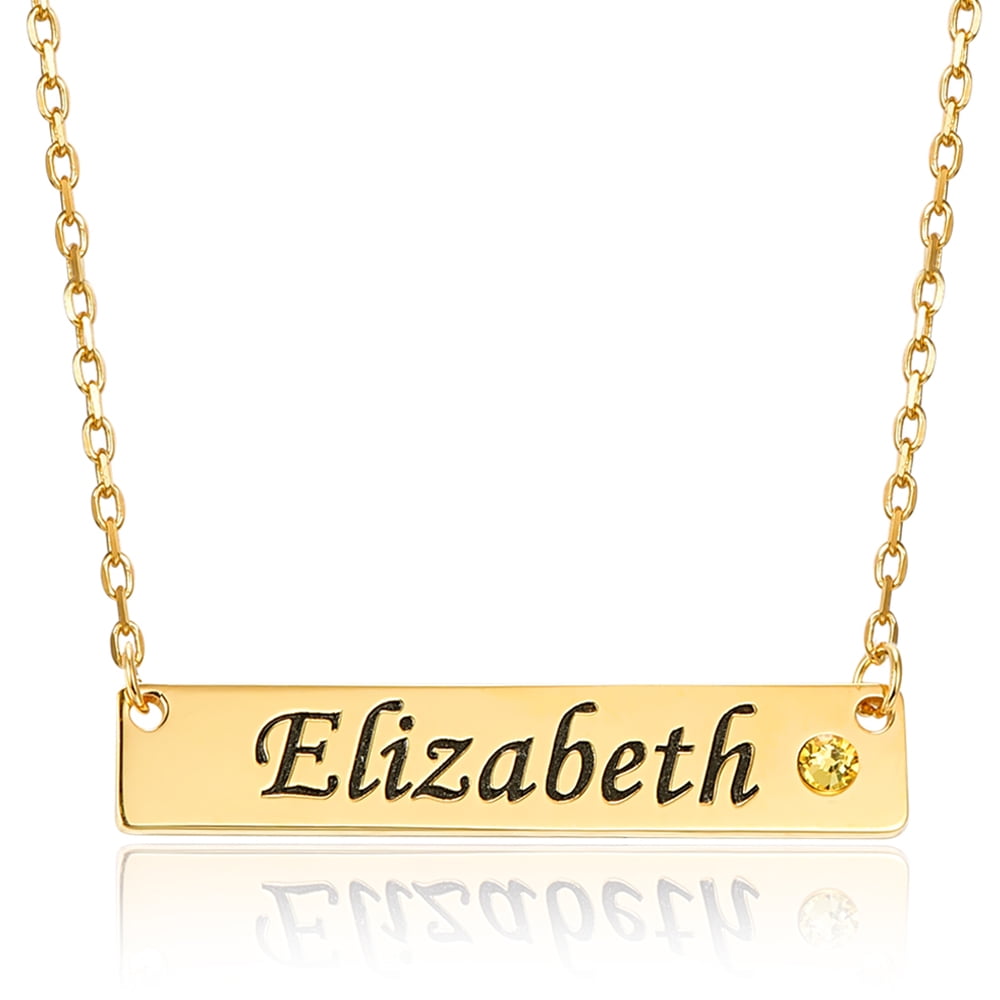 Personalized Name Plate Bar Necklace with Simulated Birthstone Engraved ...