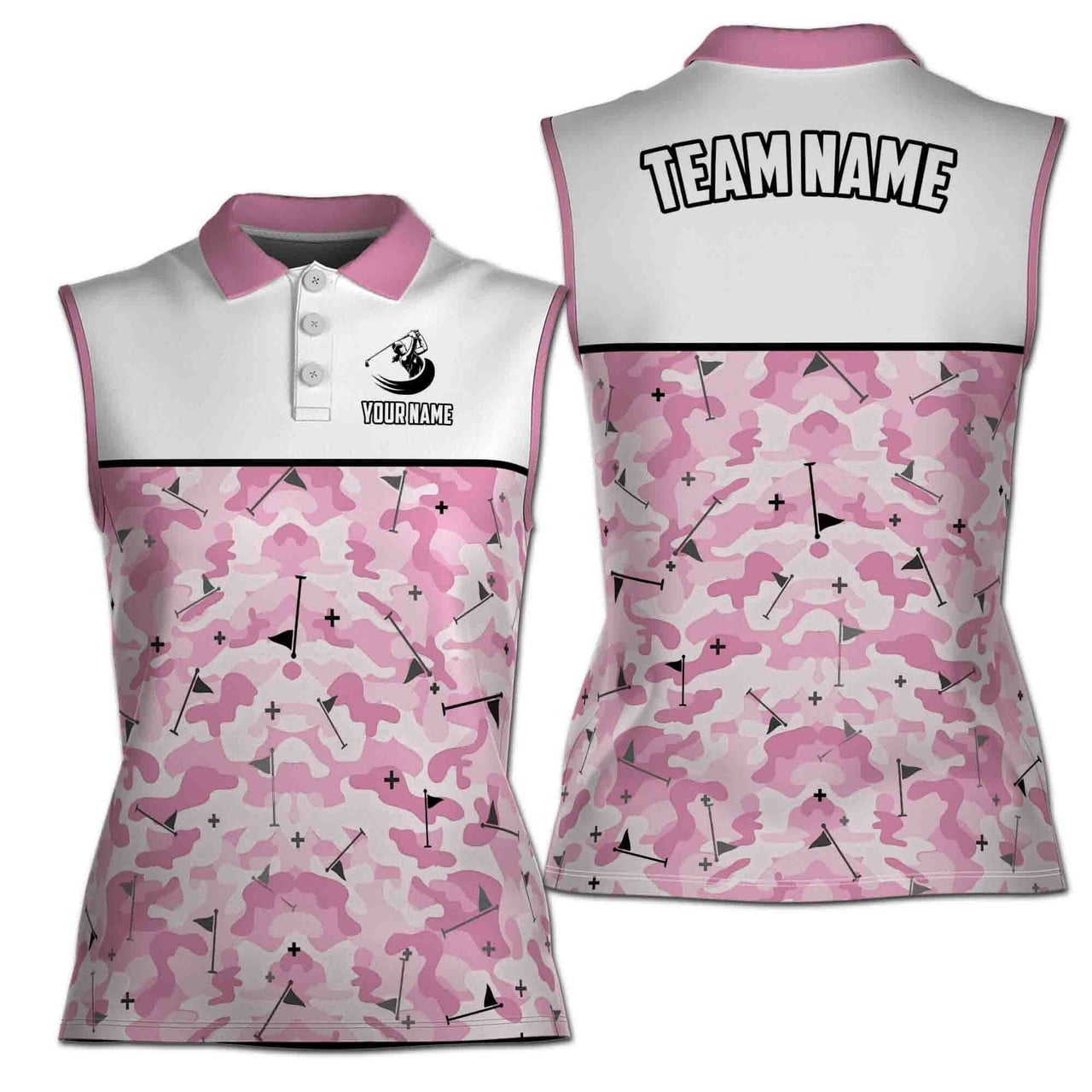 Personalized Name Team Name Camouflage Pink Golfer Women Sleeveless ...