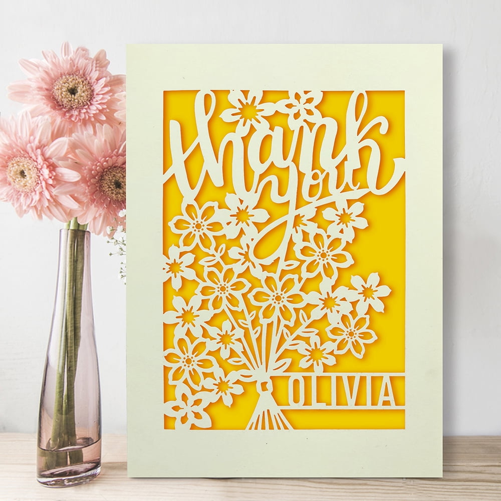 Personalized Name Thank You Card Papercut Flower Bouquet With Colored ...