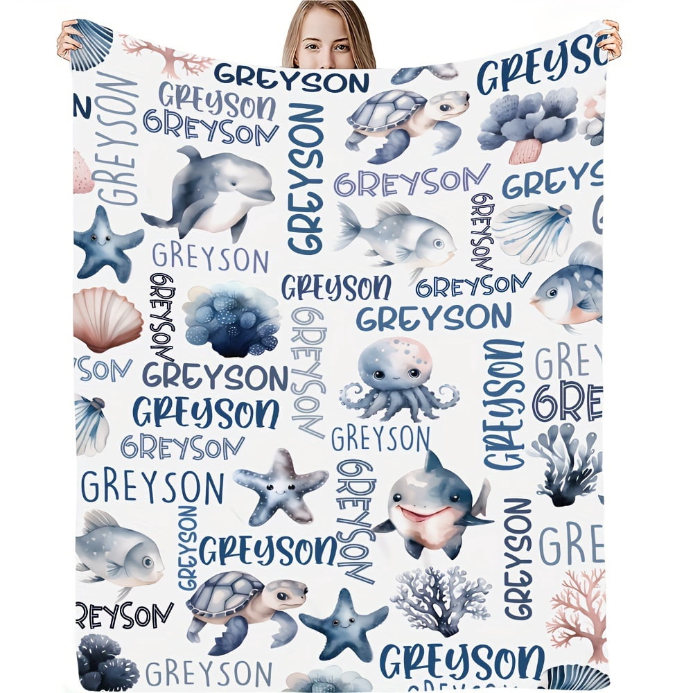 Personalized Ocean Animal Flannel Blanket - Custom Name, Soft Warm ...