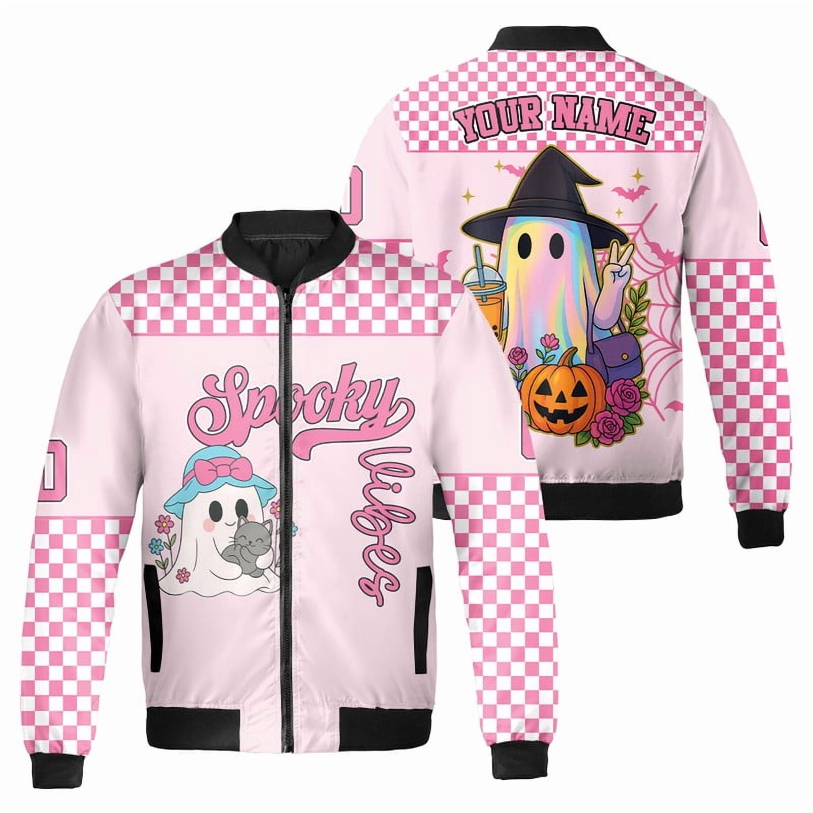 Personalized Pink Halloween Bomber Jacket – Spooky Vibes Ghost Design ...