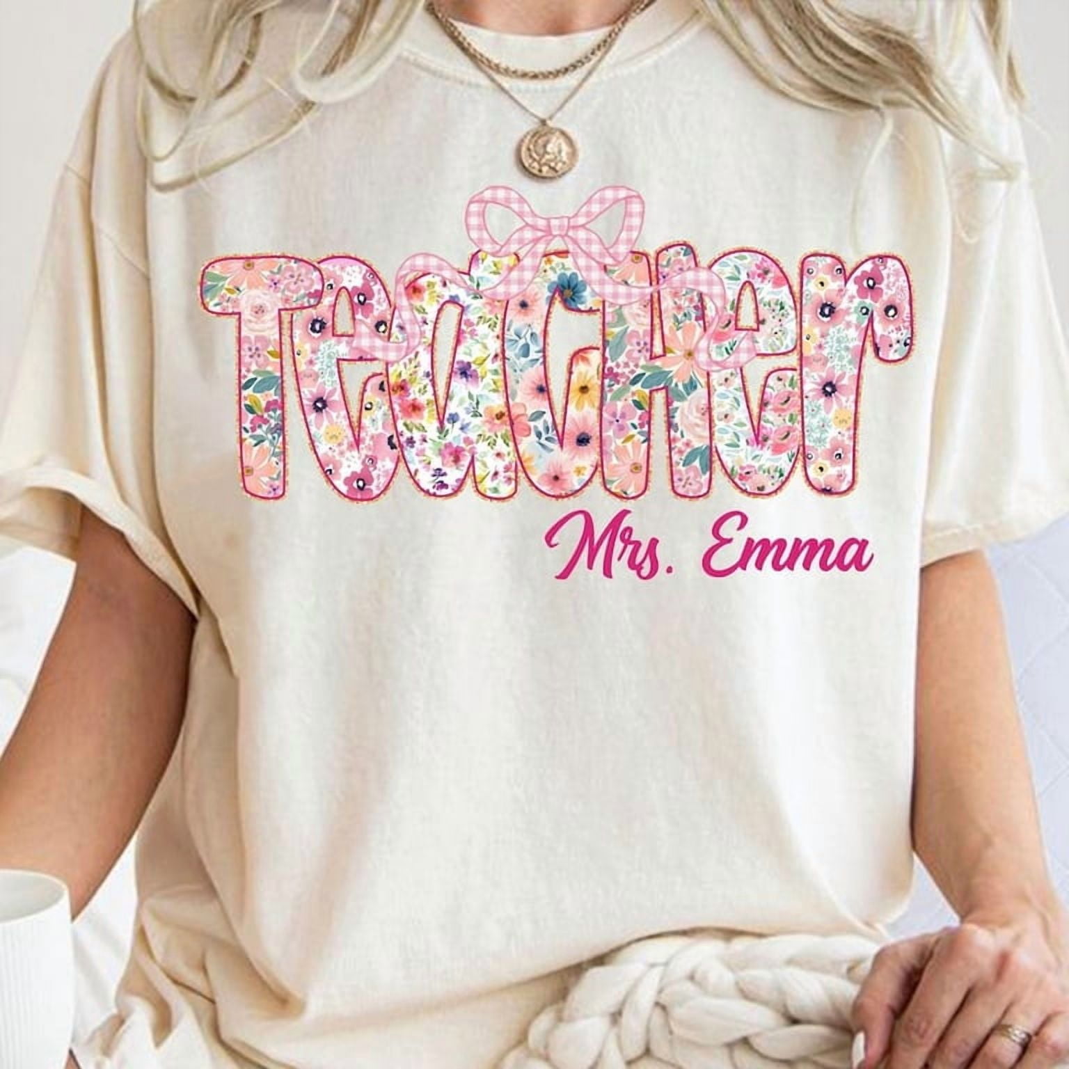 Personalized Preppy Teacher Floral Glitter Png, Coquette Teacher Png ...