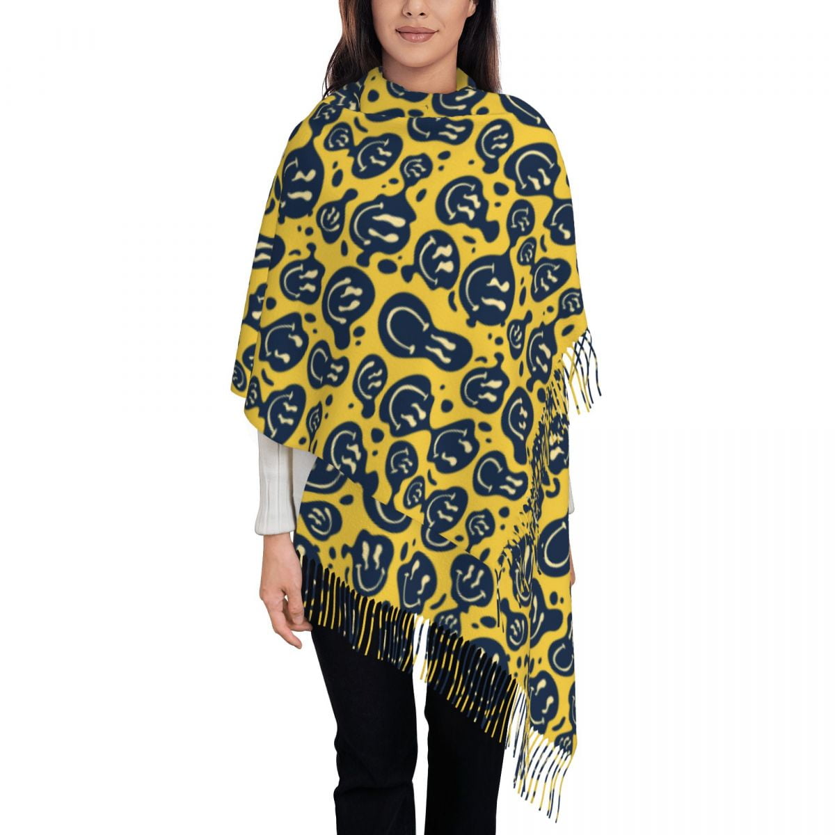 Personalized Printed Yellow Face Long Pile Fringe Men Scarf Women'S ...