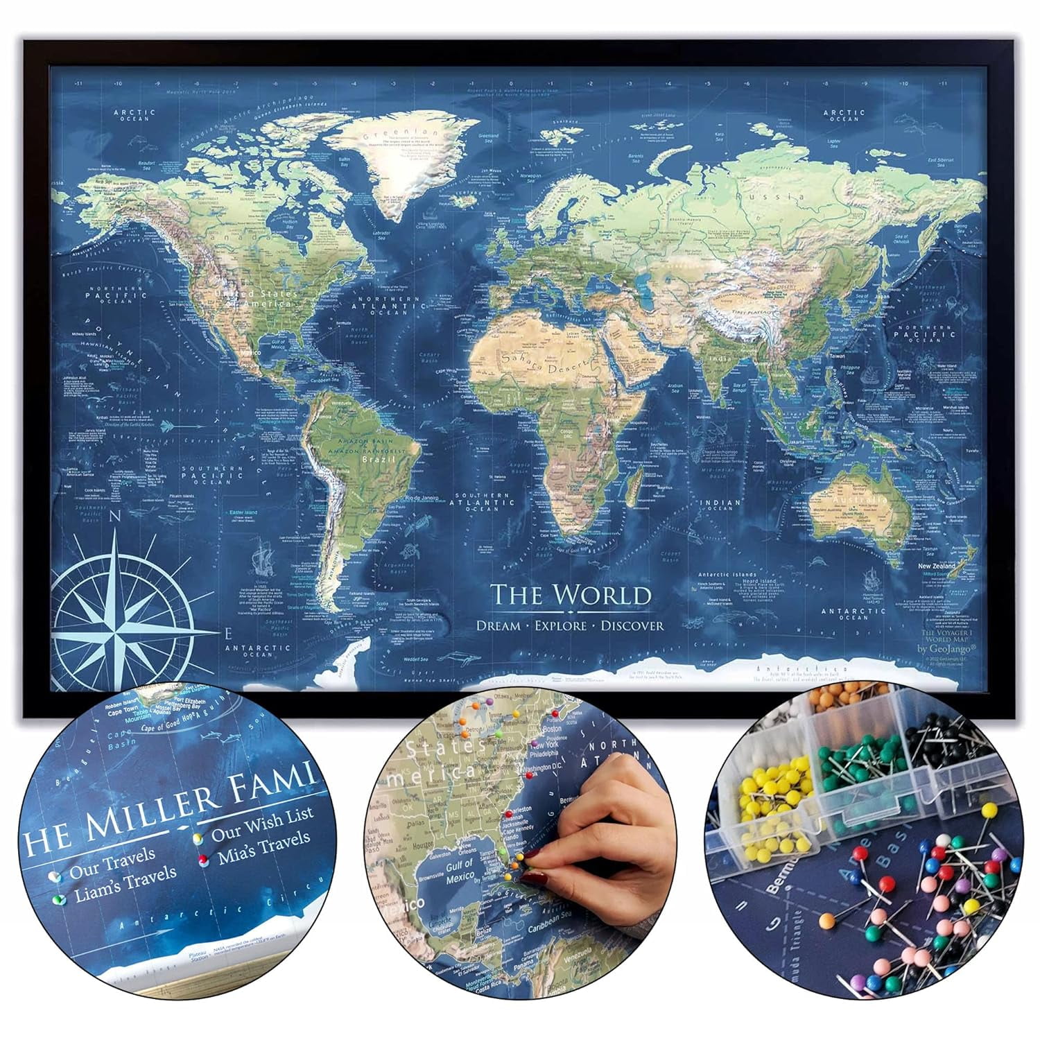 Personalized Push Pin World Travel Map with Pins - Large Wall Art Stretched Canvas, Rolled ...