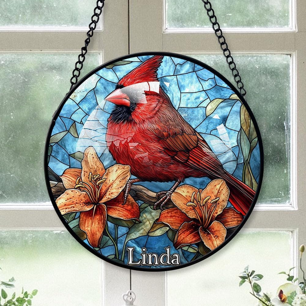 Personalized Red Cardinal Suncatcher Stained Glass, Red Cardinal ...
