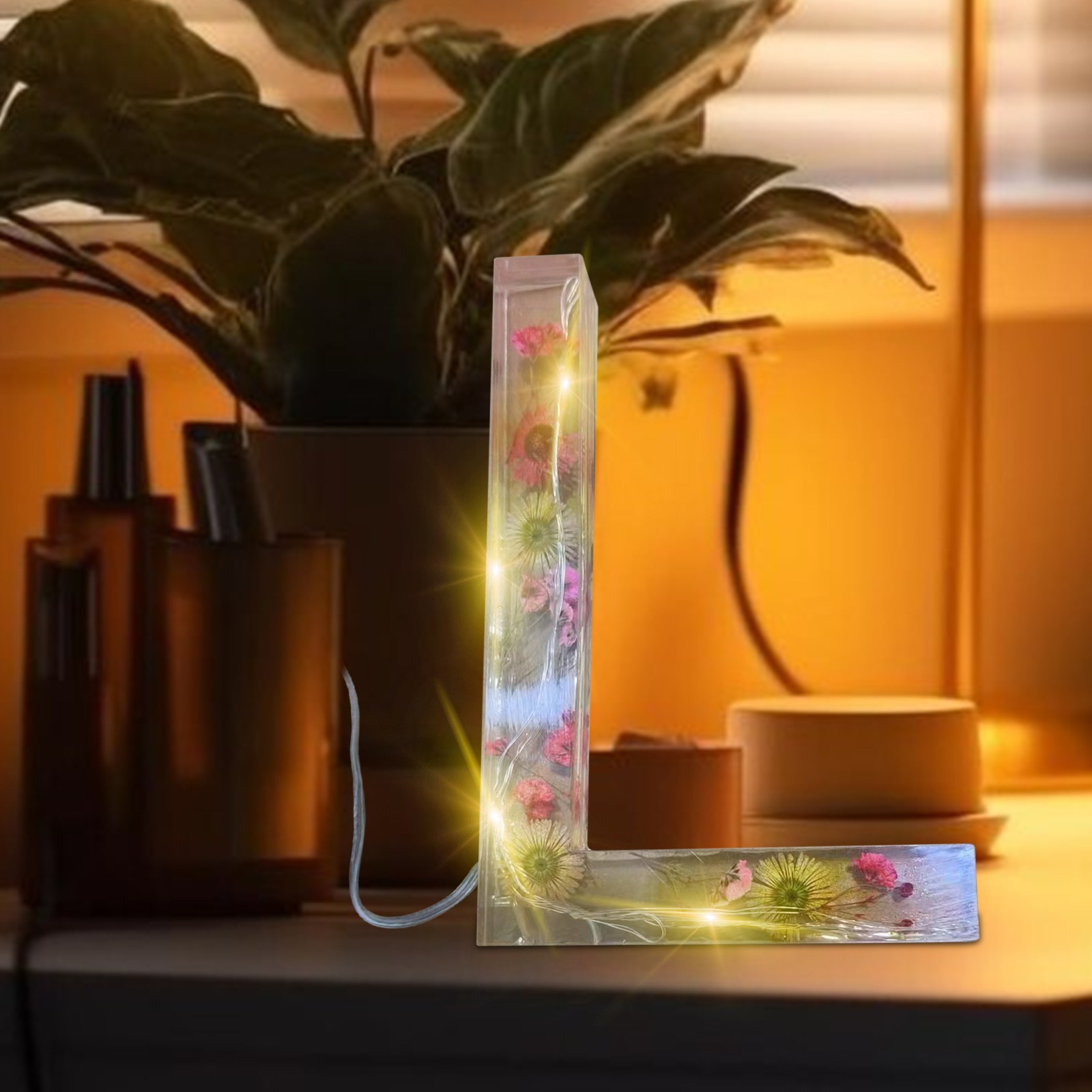 Personalized Resin Letter Night Light with Dried Floral Decoration ...