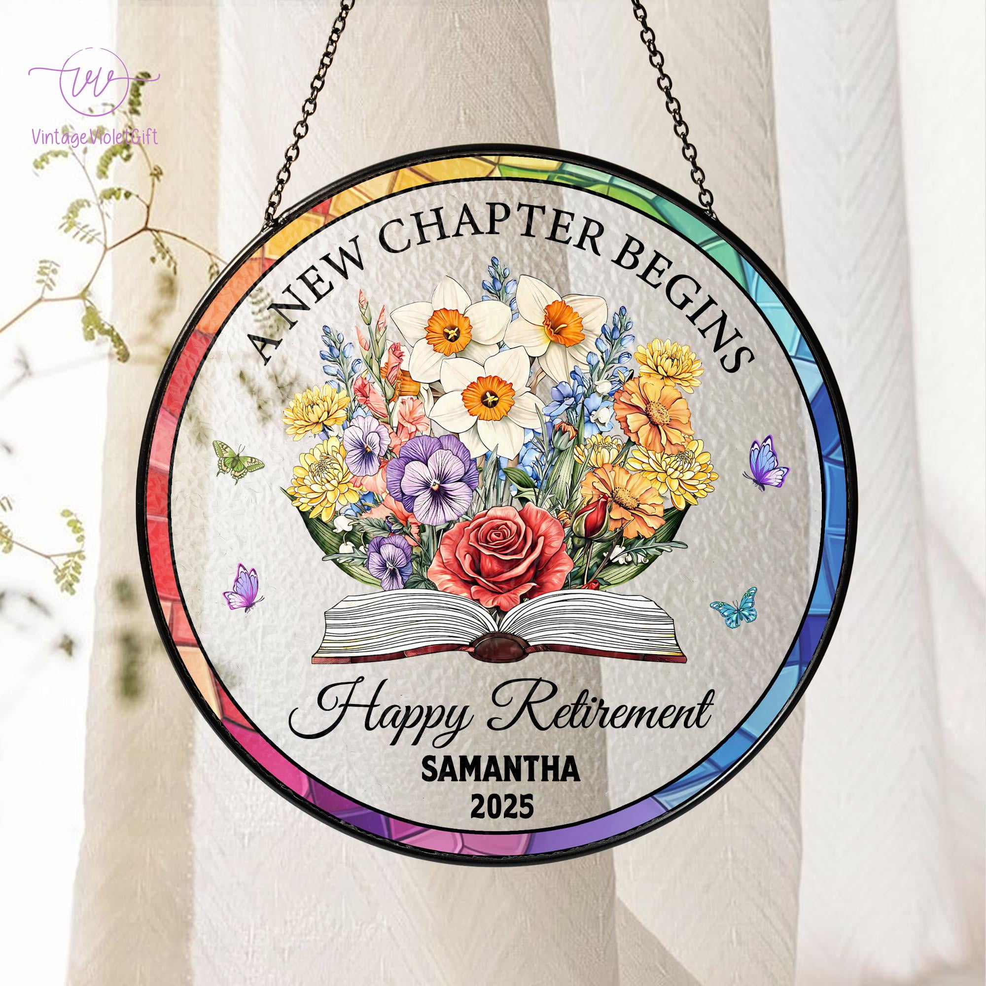 Personalized Retirement Stained Glass Suncatcher, Floral Book ...