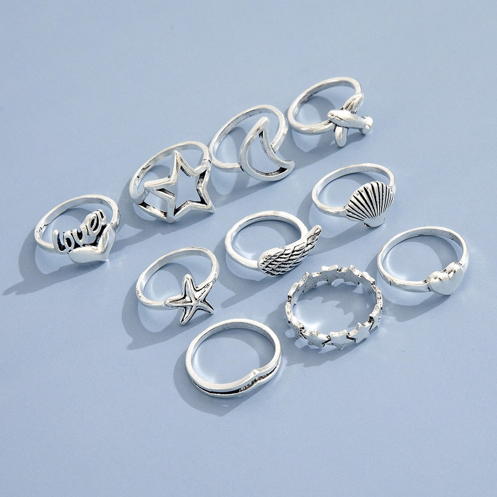 Personalized Retro Love Star, Moon, Plane, Starfish, and Shell Ring Set ...
