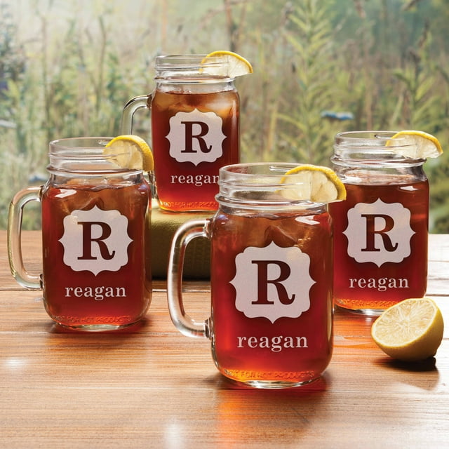 Personalized Reverse Shield Inital and Name Set of 4 Mason Jar Glasses ...