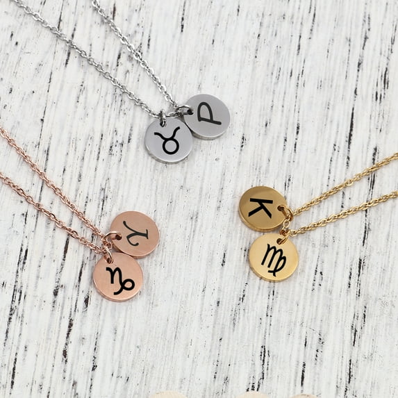 Personalized Round Constellation Initial Necklace - Engraved Zodiac ...