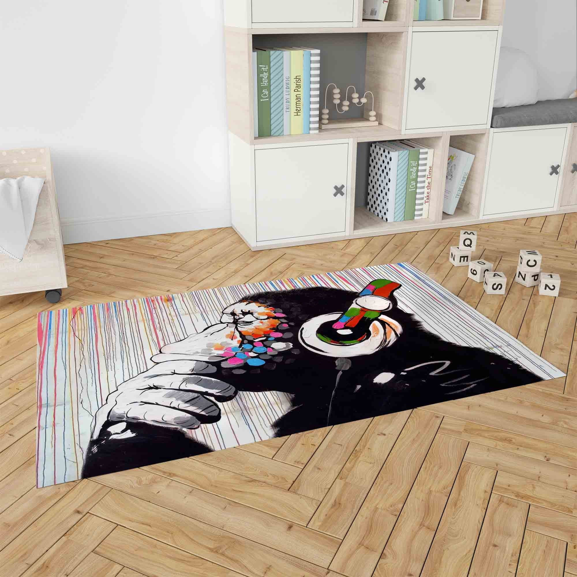 Personalized Rug, Machine Washable Rug, Banksy Monkey Rug, Banksy Thinking Monkey Rugs, Monkey ...