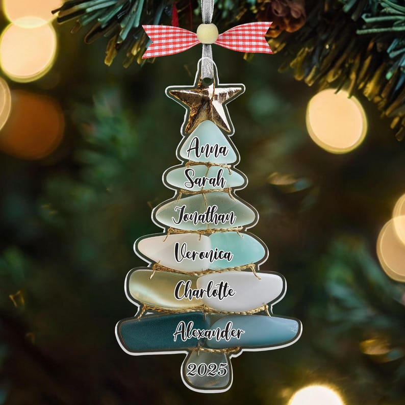Personalized Sea Glass Family Tree Ornament – 2D Flat Family Name ...